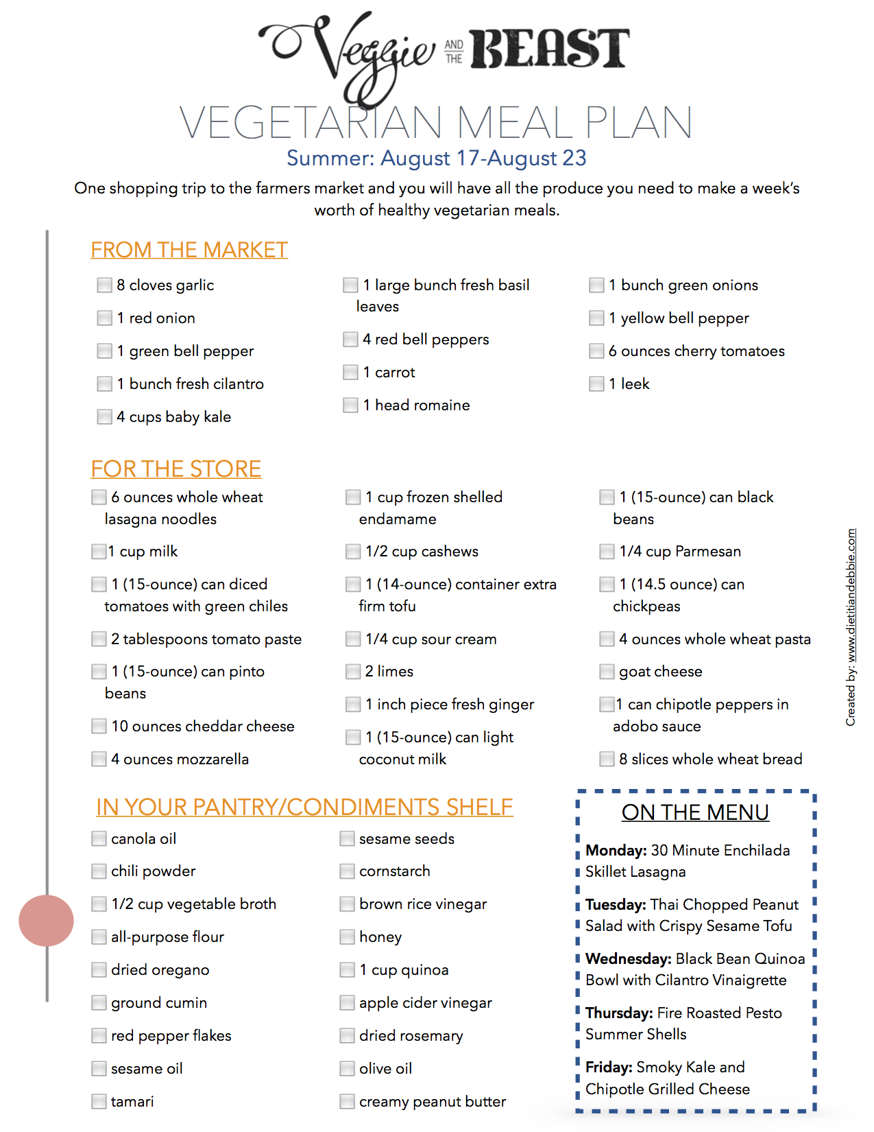 Vegetarian Meal Plan With Veggie And The Beast Dietitian Debbie Dishes